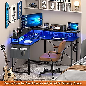 armocity L Shaped Computer Desk with Power Outlets, 40 Inch Gaming Desk L Shaped with LED Lights, Corner Desk with Storage Shelves, Work Study Desk for Bedroom, Home Office Small Spaces, Black