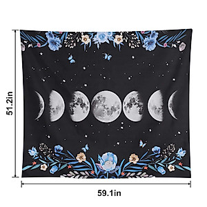 Pocass Moon Phase Tapestry with Floral Vine Butterfly Moonlit Garden Tapestry Black Background Flower Wall Hanging Tapestry for Home 59.1ʺ × 78.7ʺ