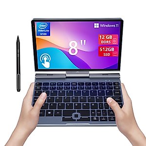 8 Inch Mini Laptop HD Touchscreen Portable 2-in-1 Small Computer, Windows 11 Pro Laptop for Business and Students,Intel N100 12GB LPDDR5 512GB M.2 SSD,Wi-Fi 6,BT5.2,2MP Camera,G-Sensor,HDMI,Type C