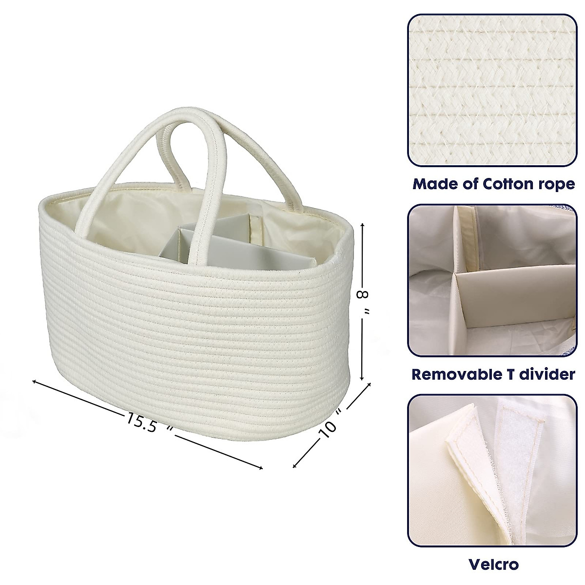 Large Baby Diaper Caddy Organizer for Girl Boy Rope Nursery Storage Bin Basket Portable Holder Tote Bag for Changing Table Car Travel Baby Shower Gifts Newborn Essentials Registry Must Haves White