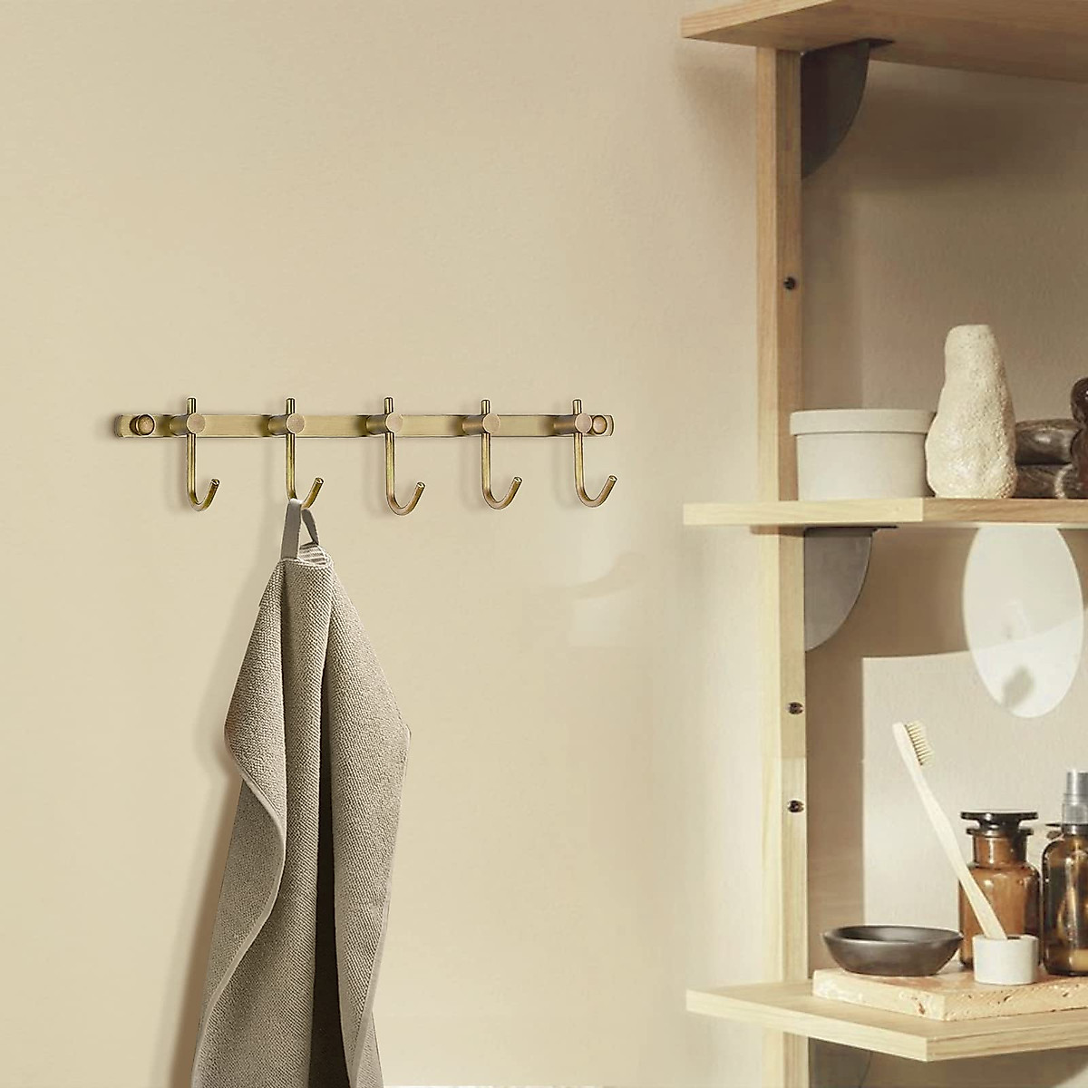 WINCASE Brass Towel Hook Rack, Brushed Brass Wall Hook Rail, Antique Coat Hook Rail Hanger 5 Hooks Bathroom Robe Hooks Wall Mounted