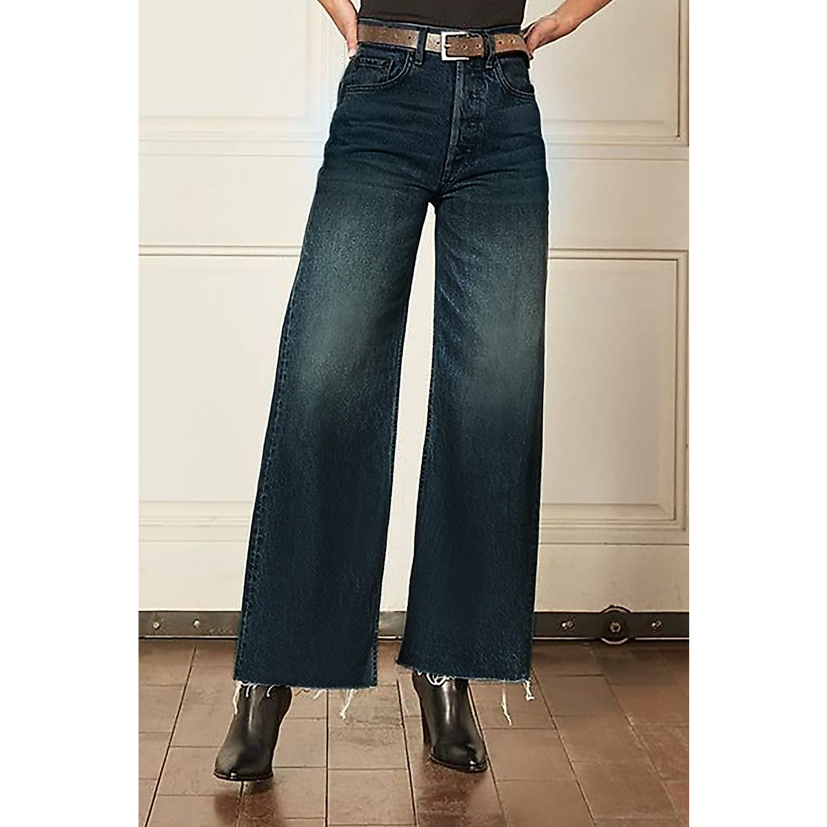 PEIHOT Mid Waisted Wide Leg Jeans for Women 90S Jeans Mid Rise Pull On Jeans Straight Leg Loose Fit Denim Pants Dark Blue