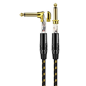 DREMAKE 1/4 Guitar Amp Straight to Right Angel Patch Cord, 3 Feet Quarter Inch Cable Black/Yellow Braided Tweed, Jack 6.35mm 1/4 Inch Guitar Cable for Electric Guitar, Bass, Keyboard to PA Certified