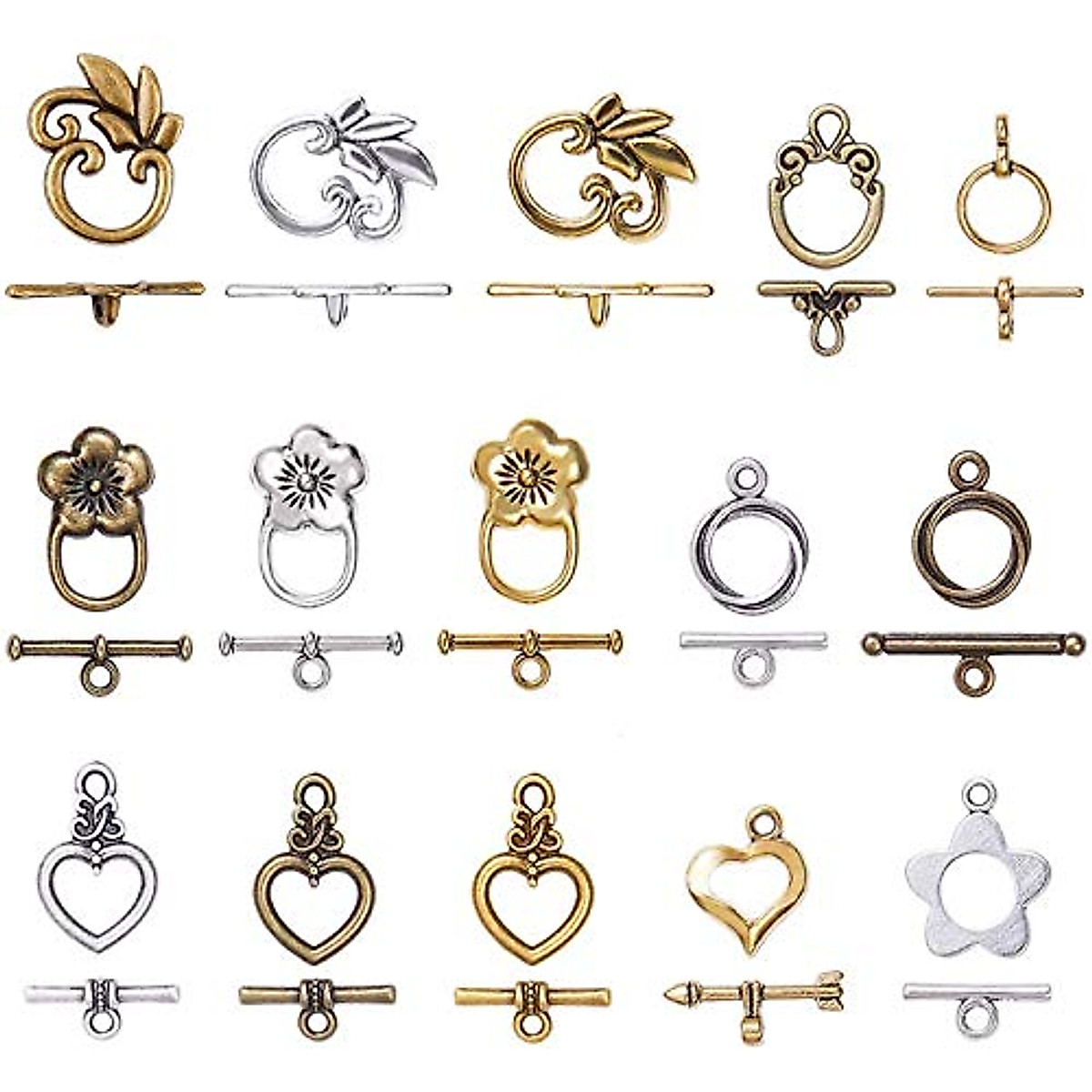 PH PandaHall 60 Sets Toggle Clasp, 15 Styles T-bar Closure Clasps IQ Toggle Clasps Flower Heart Clasps Fastener Hook Toggle Connectors TBar End Clasps for Necklace Bracelet Jewelry Making