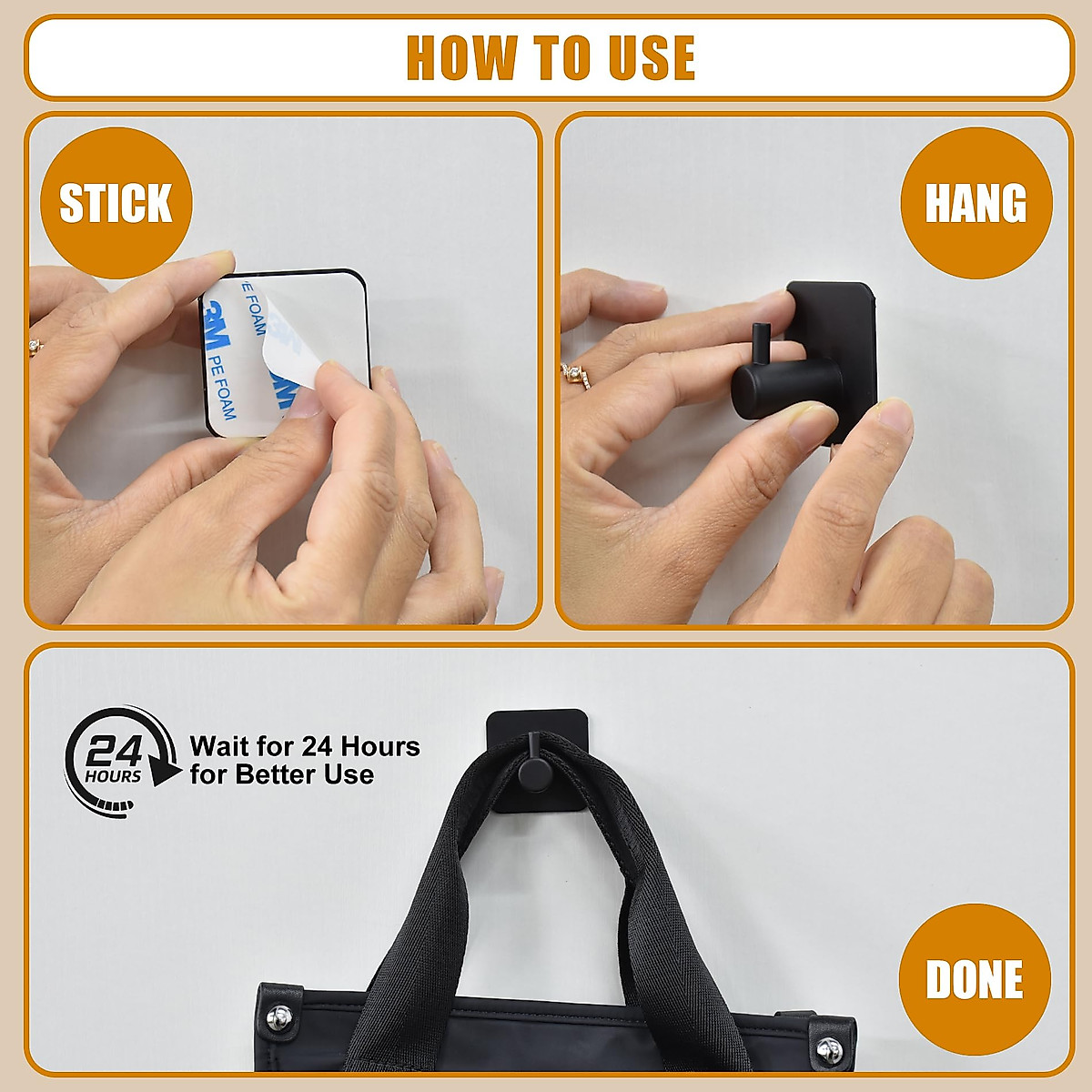 Honmein 6 Pcs Adhesive Wall Hooks for Hanging - Waterproof Shower Hooks, Heavy Duty Towel Hooks for Bathrooms, Kitchens, and Offices (Black)