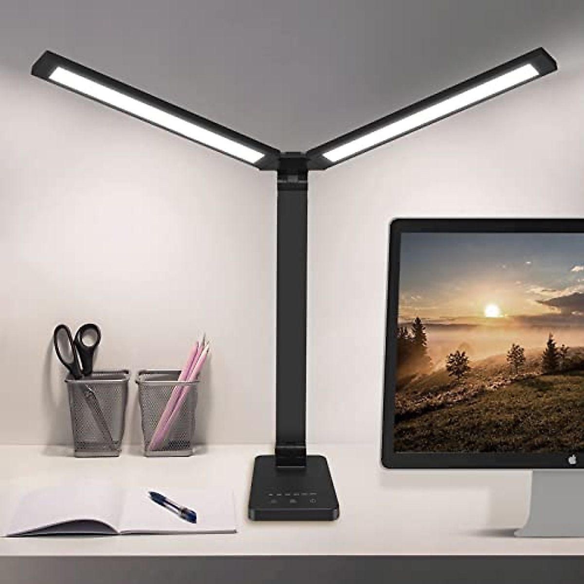YUNSOVA LED Desk Lamp for Home Office, Double Head Desk Light, 5 Color Modes , 6 Brightness Levels, Touch Control, USB Charging Port, Auto Timer, Eye-Caring dimmable Table Lamp for Reading Study