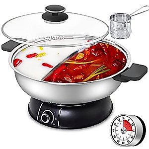 Austric Electric Shabu Shabu Hot Pot, 304 Stainless Steel Hot Pot with Divider Electric pot with Tempered Glass Lid for Party, Family Gathering,5L large capacity（Silver） (Shabu Lift Timer)