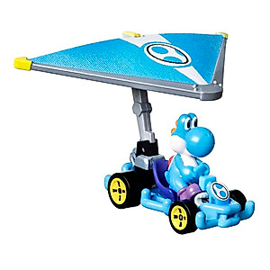 Hot Wheels Mario Kart 1:64 Scale Die-cast Light-Blue Yoshi in Pipe Frame Kart with Super Glider