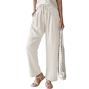 ebossy Women's Summer Drawstring Elastic Waist Cotton Linen Utility Beach Palazzo Pants Pockets (M, White)