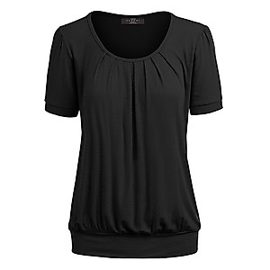 Made By Johnny MBJ WT1175 Women's Scoop Neck Short Sleeve Pleated Front Blouse Tunic Top XL Black