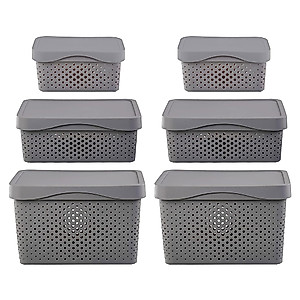 HANAMYA Lidded Storage Bin Organizer | Storage Organizing Container, 11 Liter, Set of 6, Gray