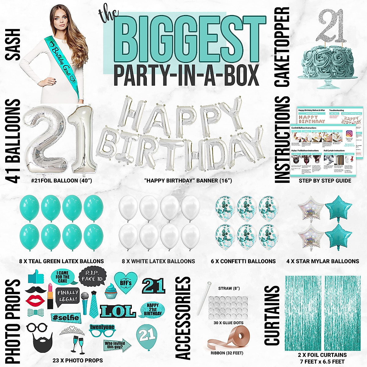 Sweet 16 Party Decorations, Sweet 16 Gifts For Girls, Sweet 16 Birthday Decorations, Sweet 16 Sash, 16 Balloon Numbers, Sweet 16 Cake Topper, Sweet 16 Banners Photo Booth Props Teal Green White - 70PK