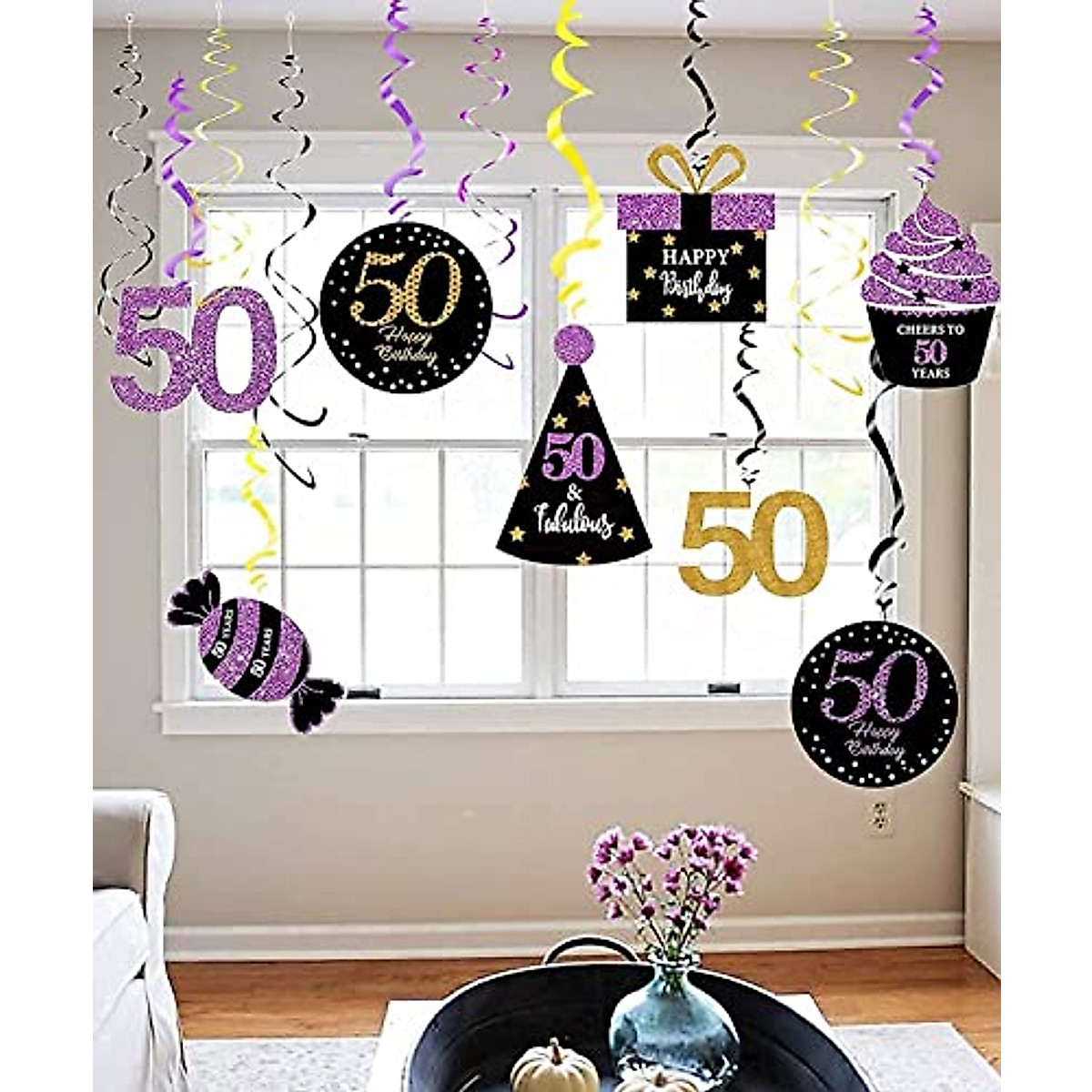 Qian's Party 50th Birthday Decorations for Women Purple Gold Black Purple Gold Foil Hanging Swirls 50th Birthday Party Decor – Women Purple 50th Birthday Party Decorations