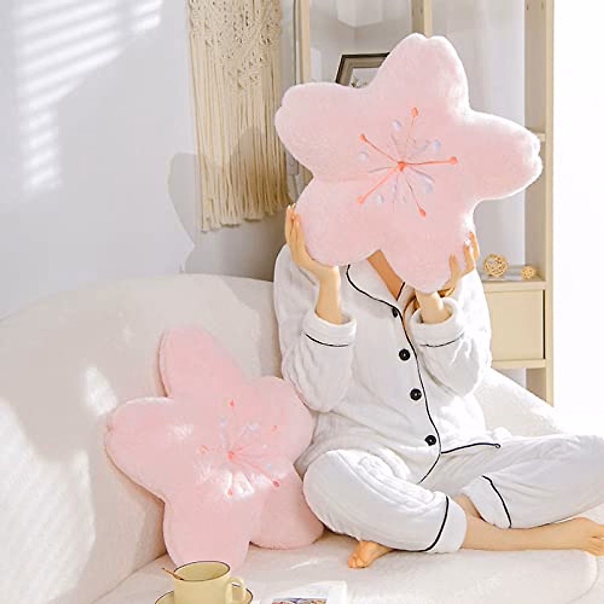 SEGTJAZV Cherry Blossom Floor Throw Pillow, 18inch Pink Kawaii Decorative Seating Plush Cushions Play Mat, Flower Plant Pillow for Bed Sofa Chair (Pink - 18Inch)
