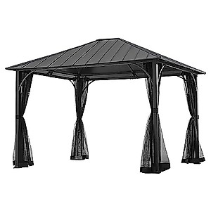 Sunjoy Hildreth 11 x 13 Foot Screened Gazebo Canopy Outdoor Pergola Tent with Steel Roof and Aluminum Posts for Backyard Patio Shade, Black