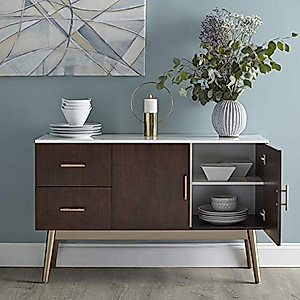 Target Marketing Systems Stacy Mid Century Modern 2-Drawer Dining Room Buffet Cabinet with Gold Tone Accents, 47.25", White/Walnut