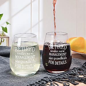 Retired Under New Management See Grandkid for Detail Stemless Wine Glass, Retirement Gift for Women Men Coworker Grandma Mom Dad Teacher Retirement Party Decorations Christmas, Happy Retired Wine Gift