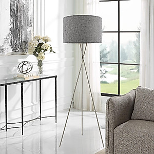 Kira Home Sadie 60" Mid Century Modern Tripod LED Floor Lamp + 9W Bulb (Energy Efficient/Eco-Friendly), Gray Drum Shade, Brushed Nickel Finish