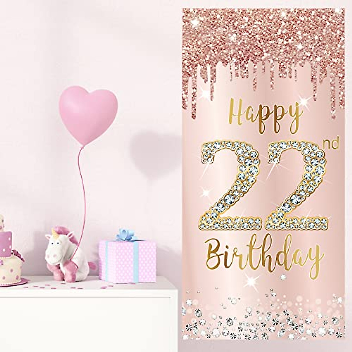 22nd Birthday Door Banner Decorations for Women, Pink Rose Gold Happy 22 Birthday Door Cover Sign Party Supplies, Twenty Two Year Old Birthday Backdrop Poster Background Decor