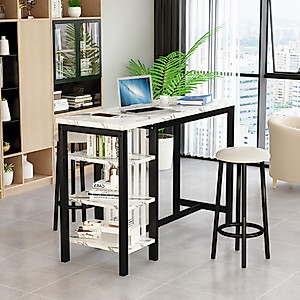 AWQM Home Bar Table Set of 2, 47" White Faux Marble Dining Set with Storage Shelves and Upholstered Leather Bar Height Stools, 3-Piece Kitchen Table for 2 People, Space Saving Table (White & Black)