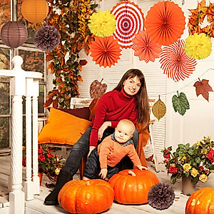 Whaline Fall Thanksgiving Tissue Pom Poms Fall Party Decorations Orange Hanging Paper Fans Flower Pompoms Paper Lantern Maple Leaves Bunting Garland Banner for Birthday Wedding Party Decor, 16Pcs