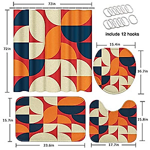 4 Pcs Shower Curtain Set Orange Circular Geometry Abstract Art Shower Curtain with Non-Slip Rugs,Toilet Lid Cover and Bath Mat,Bathroom Sets Decorations 72" x 72"
