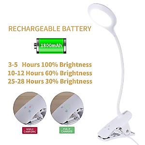 LACOKI LED Reading Light, 28 LEDs USB Rechargeable 3 Color x 3 Brightness with Safety Switch, Eye Protection Book Light for Reading in Bed, Touch Control Clip Desk Lamp (White)