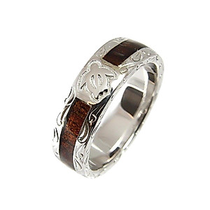Arthur's Jewelry Genuine Hawaiian koa wood eternity wedding band ring honu turtle 925 silver 6mm size 9