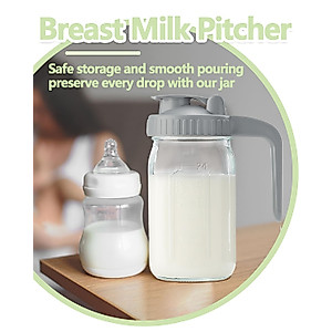 32oz Glass Pitcher with Lid & V-shaped Pour Spout - 1 Quart Breastmilk Pitcher Double Leak Proof, Creamer Container for Sun Tea, Juice, Cold Brew Coffee, Breastmilk Storage Container