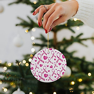 Breast Cancer Pink Ribbon Christmas Decorations Round Ceramic Hanging Ornament Xmas Decor for Christmas Tree Party