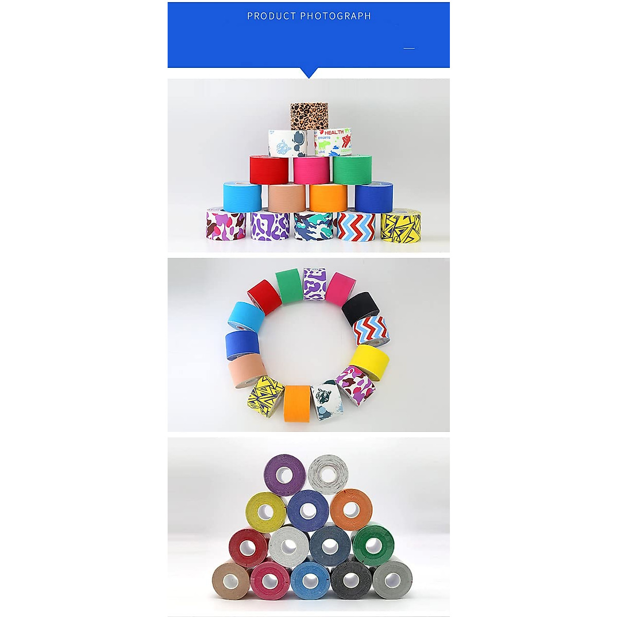 DDQYYSPP Kinesiology Tape -(3 Pack) - Medical Grade Uncut 5cm x 5m Roll - Ideal for Athletic Sports Physio Strapping and Muscle Injury & Support (11)