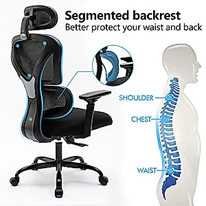 KERDOM Ergonomic Office Chair, Home Desk Chair, Comfy Breathable Mesh Task Chair, High Back Thick Cushion Computer Chair with Headrest and 3D Armrests, Adjustable Height Home Gaming Chair