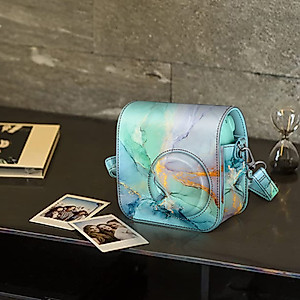 Fintie Protective Case for Fujifilm Instax Mini 7+ Instant Camera - Premium Vegan Leather Bag Cover with Removable Adjustable Strap, Emerald Marble