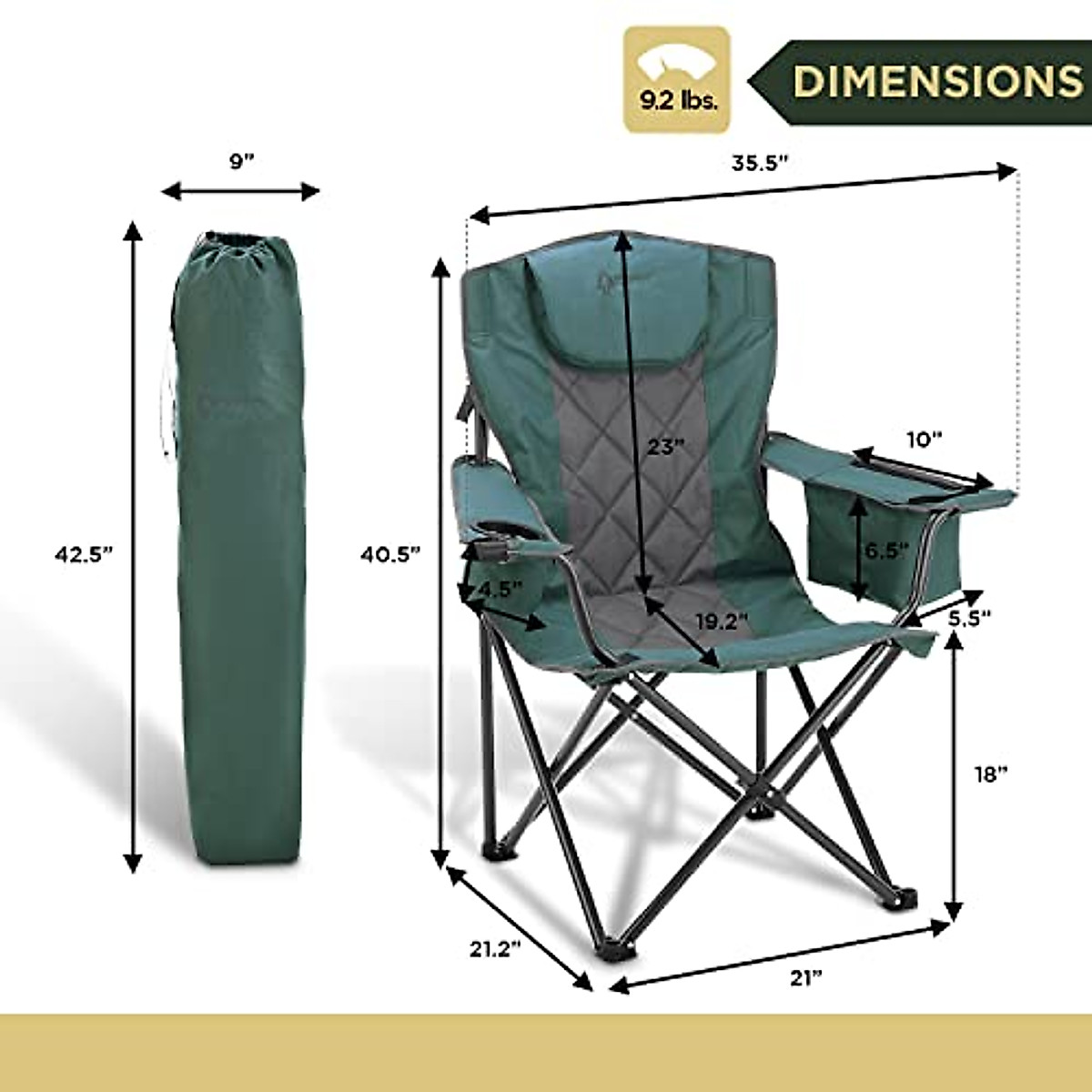 ARROWHEAD OUTDOOR Portable Folding Camping Quad Chair w/ 6-Can Cooler, Cup & Wine Glass Holders, Heavy-Duty Carrying Bag, Padded Armrests, Headrest & Seat, Supports up to 450lbs, USA-Based Support