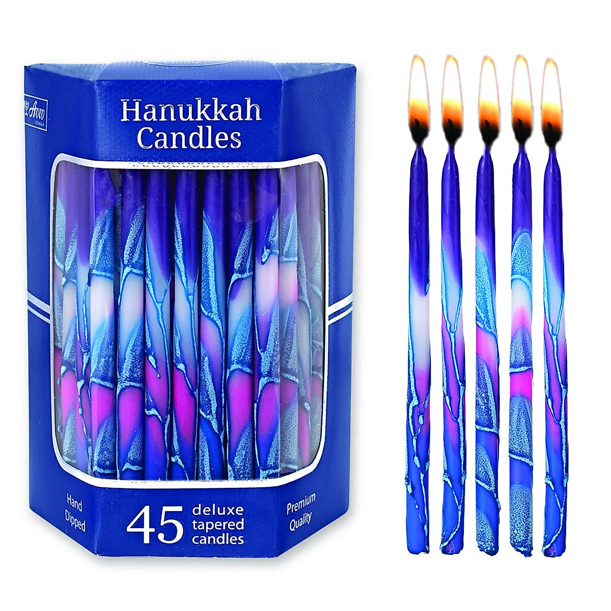 Premium Dripless Hanukkah Candles Thin Tapered Chanukah Candle Set of 45 Enough for Eight Nights of Hanukah Multi Hued Frosted Includes a DIY Dreidel and Prayer Card by Aviv Judaica