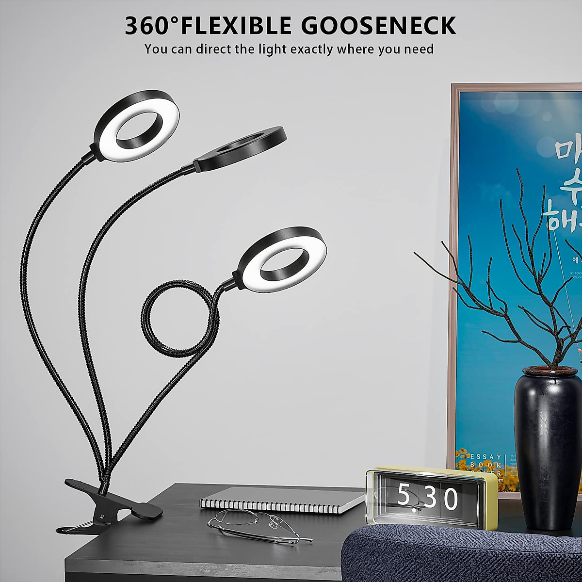 Juhefa Clip on Light, USB Powered LED Desk Lamp with Gooseneck for Reading in Bed, Headboard, Office, Makeup, 10-Level Dimmable, 3 Colors Changable (with Adapter)