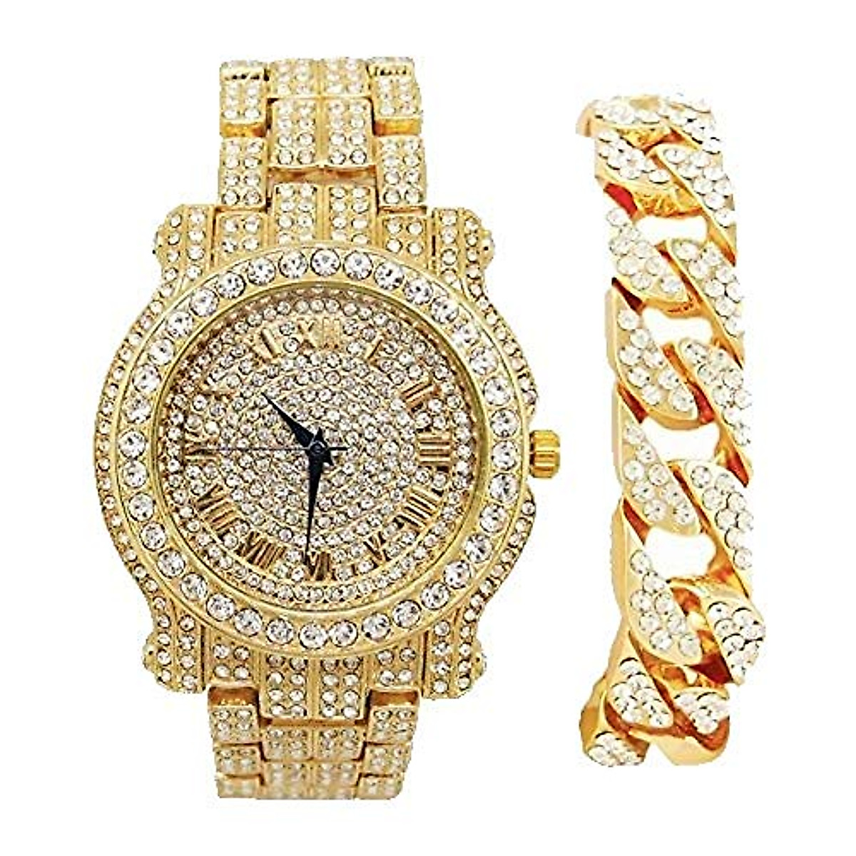 Charles Raymond Bling-ed Out Silver Round Luxury Mens Watch w/Bling-ed Out Cuban Bracelet - L0504B - Cuban (Gold)