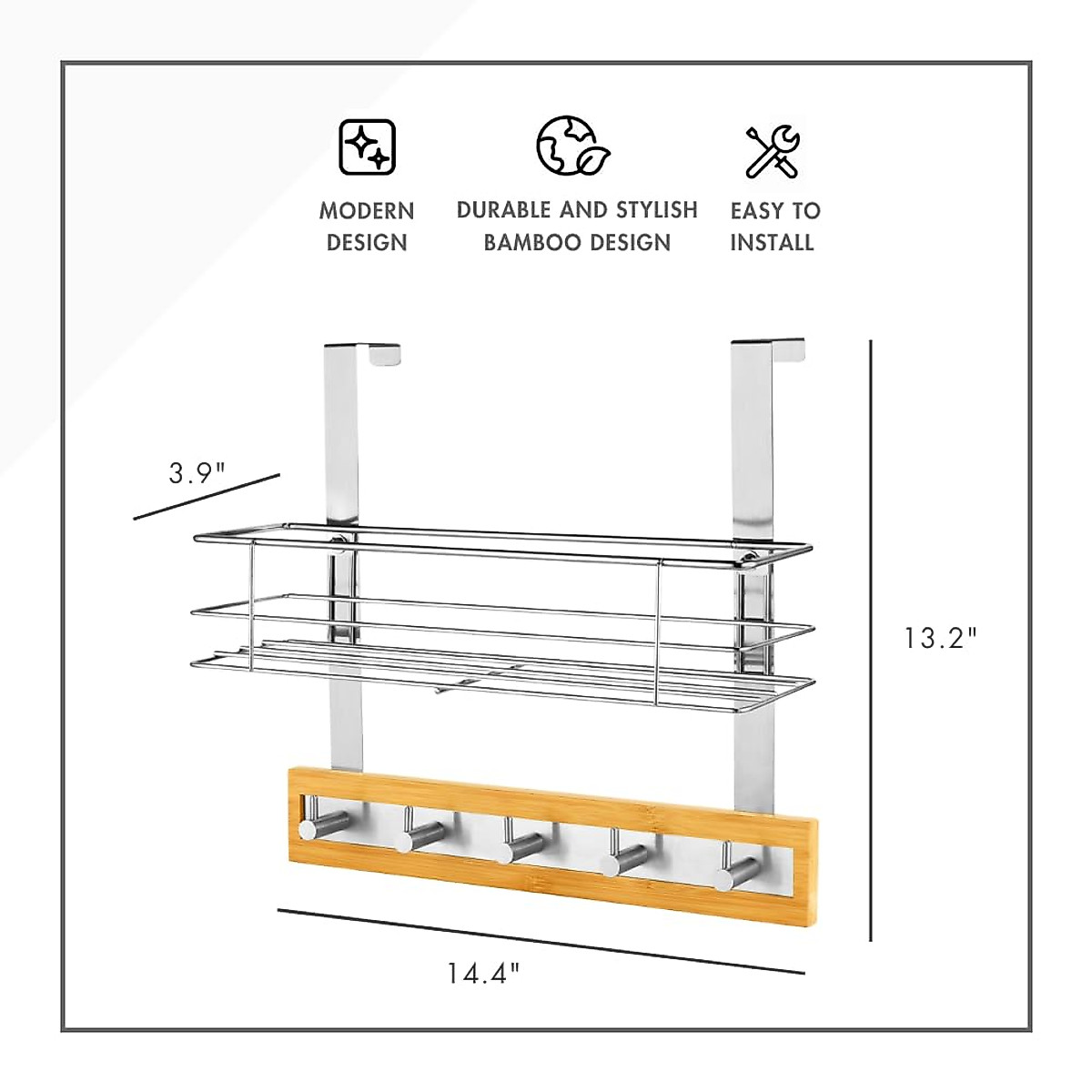 ToiletTree Products Bamboo Wood & Stainless Steel Over The Door Towel Rack with Basket