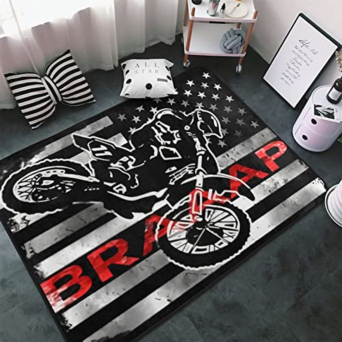 Niqqzit Motocross Dirt Bike American Flag Area Rugs 60x39 in Anti-Slip Door Mat, Ultra Soft Fuzzy Fluffy Carpet Large Floor Rug Bedroom Living Room Dorm Nursery Kitchen Home Decor