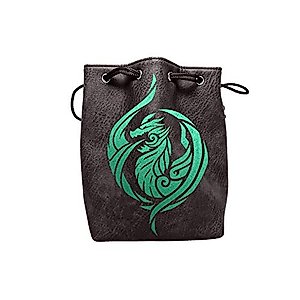 Large Black Leather Lite Dice Bag – Self Standing and Holds Over 400 Polyhedral Dice with Drawstring Tie – Multiple Designs Available (Dragon's Breath)