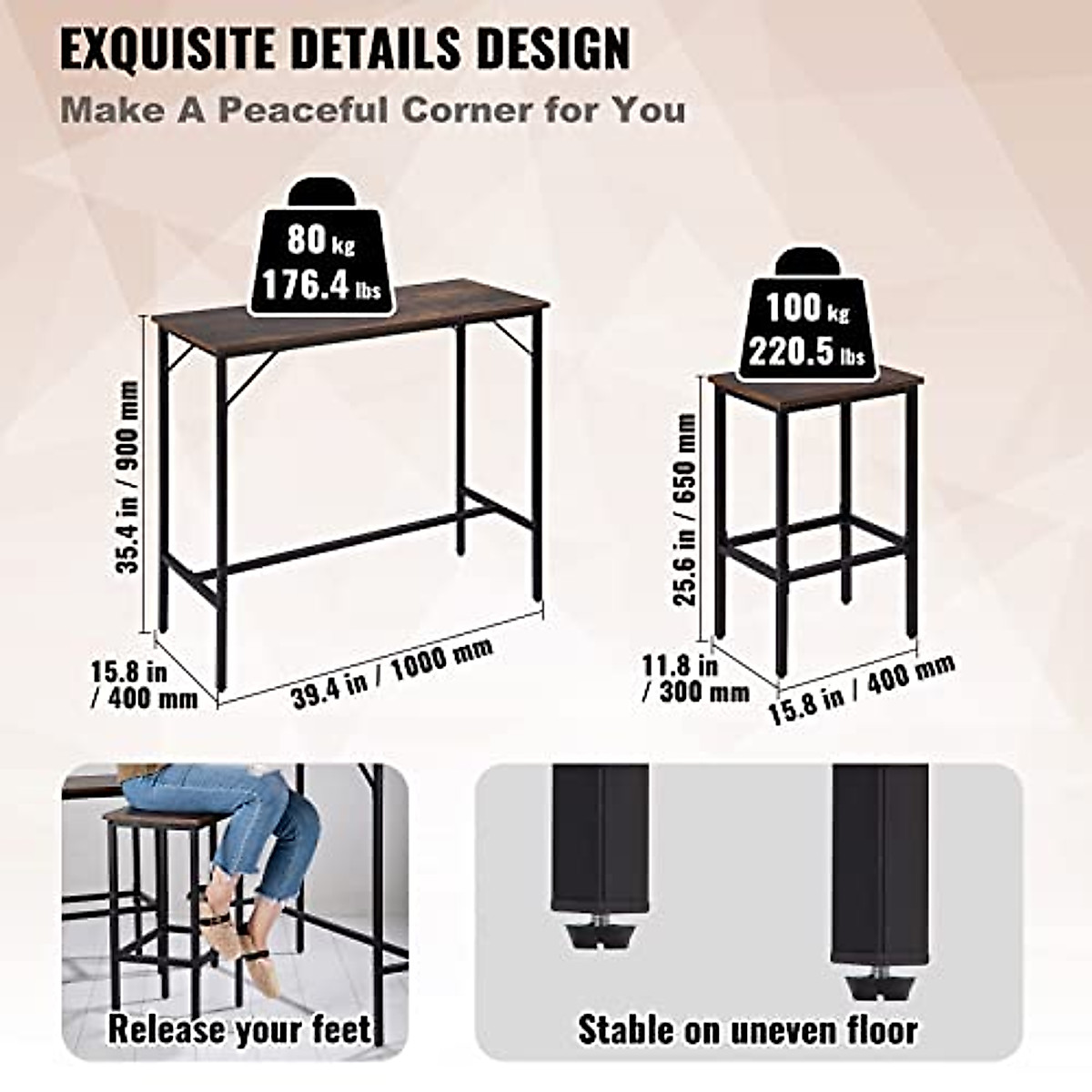 VEVOR 39" Bar Chairs Pub Table Set w/ 2 Stools, Brown