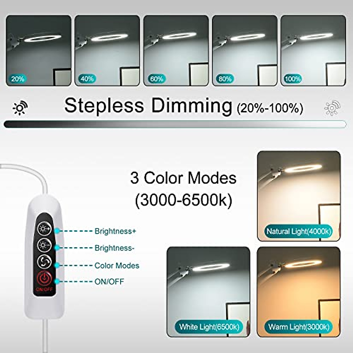 YOUKOYI LED Magnifying Lamp Metal Swing Arm Magnifier Lamp -10 Levels Brightness, 3 Color Modes, 5X Magnification, 4.1" Diameter Glass Lens, Adjustable Industrial Clamp for Reading/Office/Work (White)