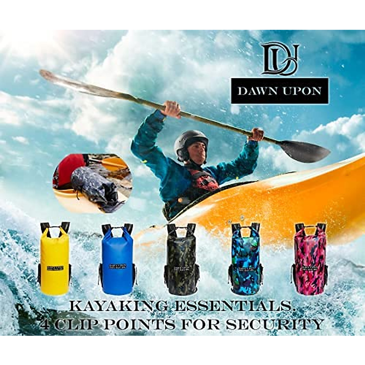 DAWN UPON Floating Dry Backpack – 20L Capacity – 2 Padded Straps! – 100% Waterproof Bag – Keeps Gear Dry – Perfect for Water Sports: Kayaking, Canoeing, Paddle-Boarding, Rafting & Boating- Camo Blue