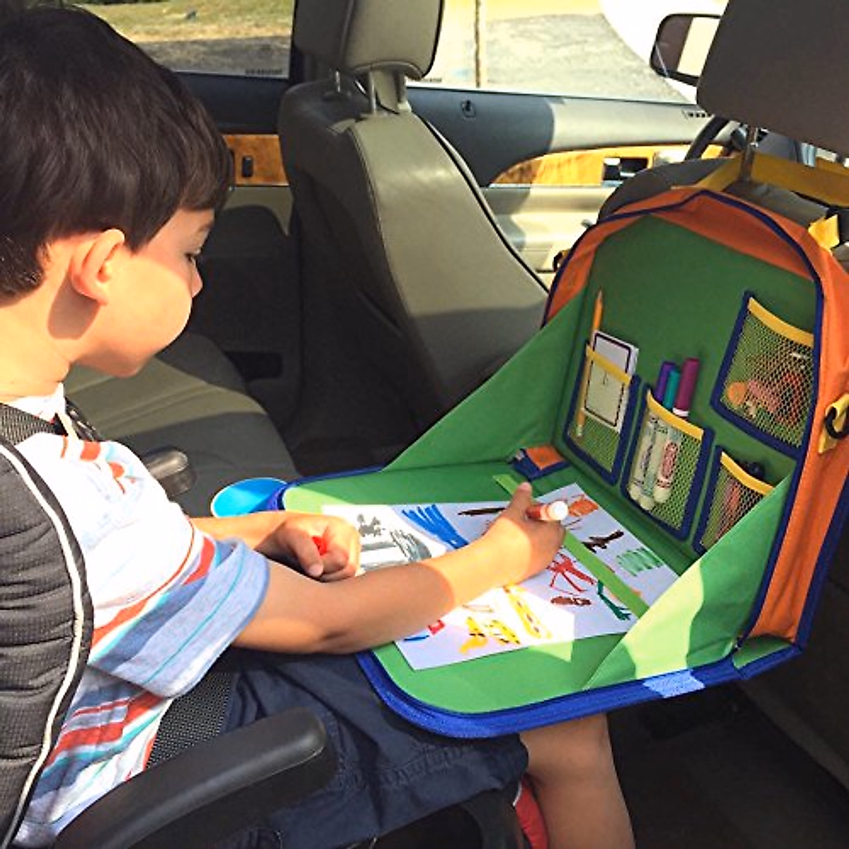 Kids Backseat Travel Tray Organizer Holds Crayons Markers an iPad Kindle or Other Tablet. Great for Road Trips and Travel used as a Lap Tray Writing Surface or as Access to Electronics for Kids Age 3+