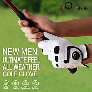Men’s Golf Glove Left Hand Right with Ball Marker Value 2 Pack, Weathersof Grip Soft Comfortable, Fit Size Small Medium ML Large XL, by Finger Ten (M/Large, Left)