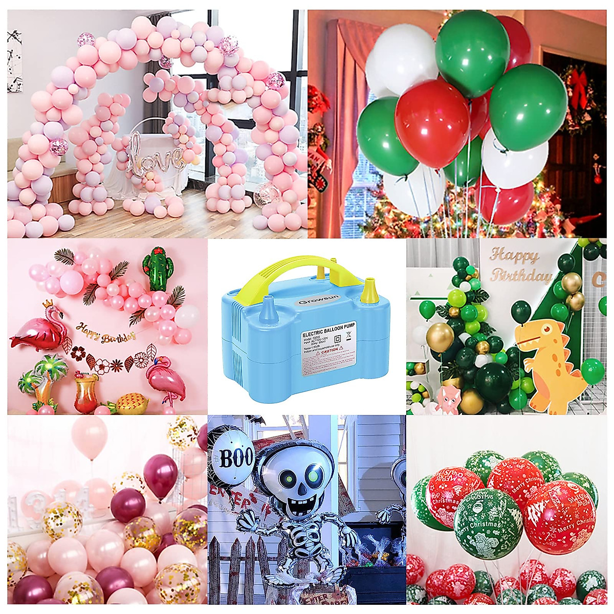 Growsun Balloons Pump Kit Electric Balloon Garland Arch Kit Air Blower Inflator for Party Decoration w/Ballons Tape Strip, Light Blue