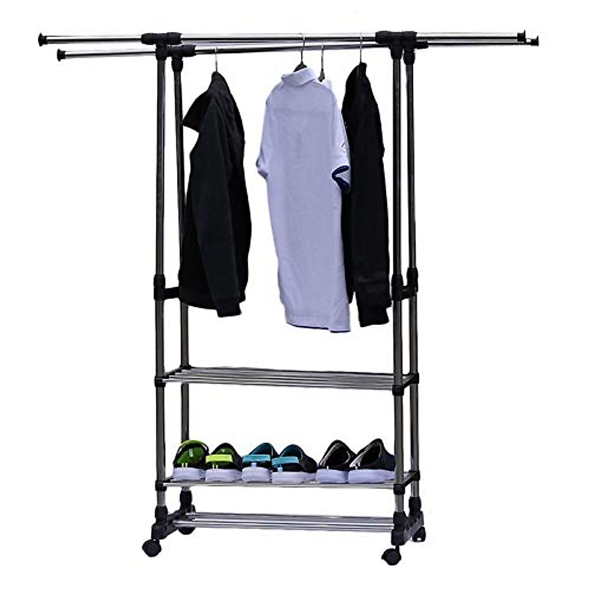 Clothes Garment Rack Clothing Rack Double Bar Adjustable Garment Racks Rolling Clothes Organizer Vertical and Horizontal Stretching Hanging Rod Stand Clothes Rack with Shoe Shelf and Wheels
