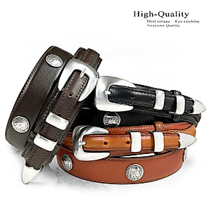 Antique Silver Buffalo& Indian Head Reproduction Coin Conchos Belt Oil Tanned Genuine Leather Western Ranger Belt (Tan, 34)