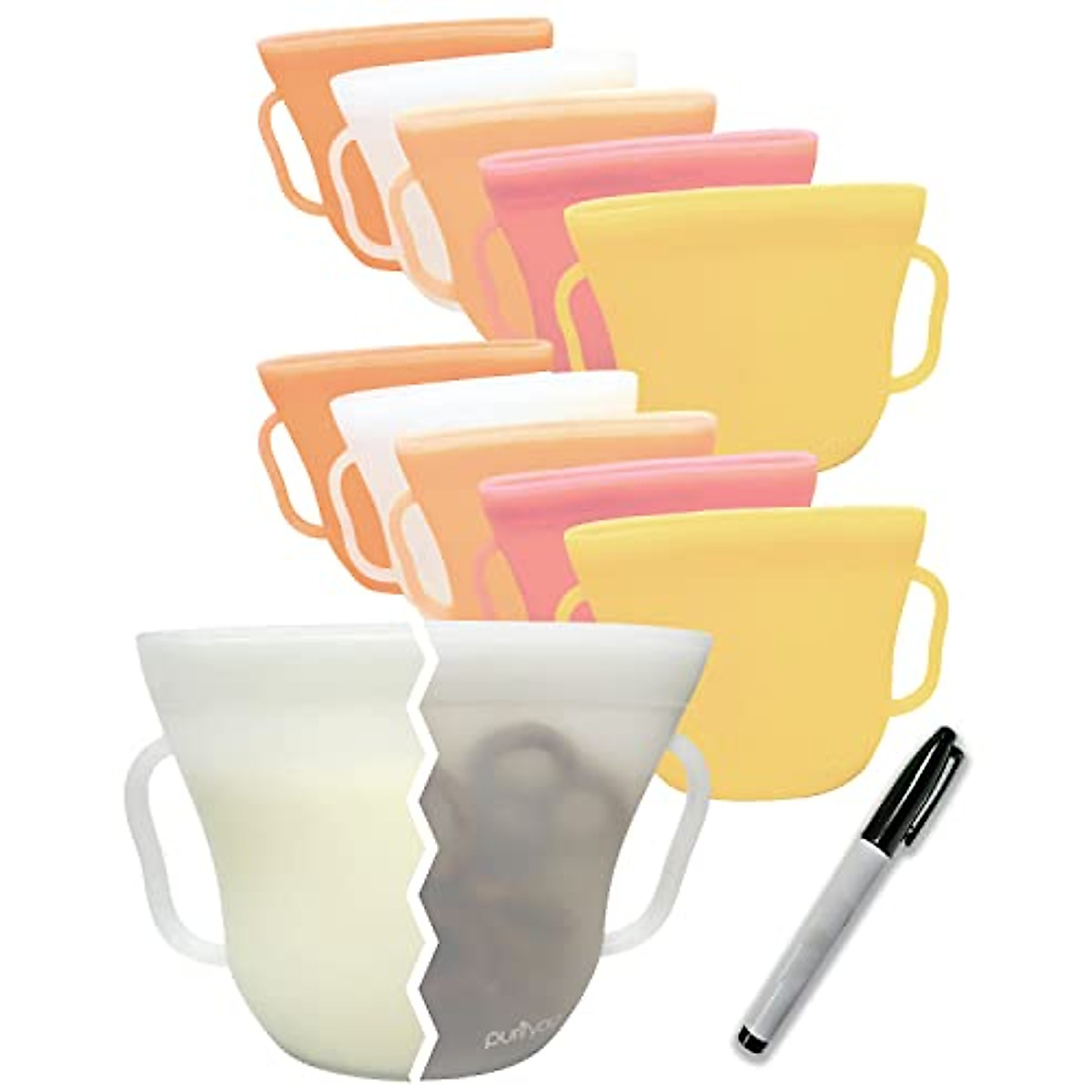 Platinum Silicone Reusable Snack Storage Bags | Snack Bags, Dual Purpose, 4 oz Set of 10, with Erasable Bag Marker, Freezer Storing Pouches 4 ounce | purifyou