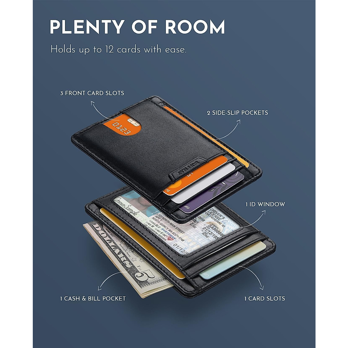 Buffway Slim Wallet for Men Women Minimalist Small Leather Front Pocket Wallets with RFID Blocking and Gifts Box - Bassa Black